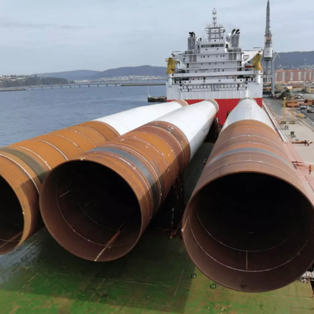 14 XXL monopiles readied for installation with efficient movements and specialized equipment ...