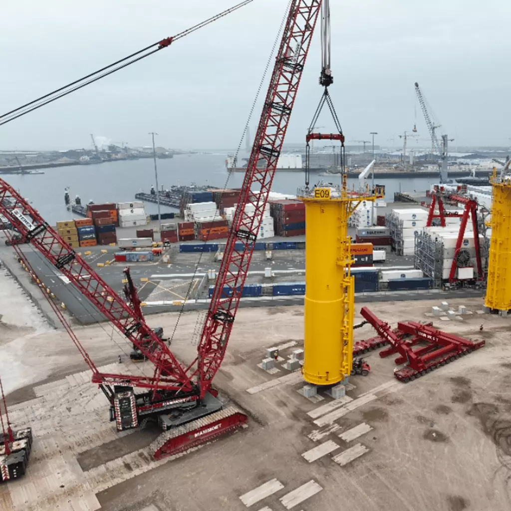 Successful transition piece marshaling for offshore wind farm | Mammoet ...